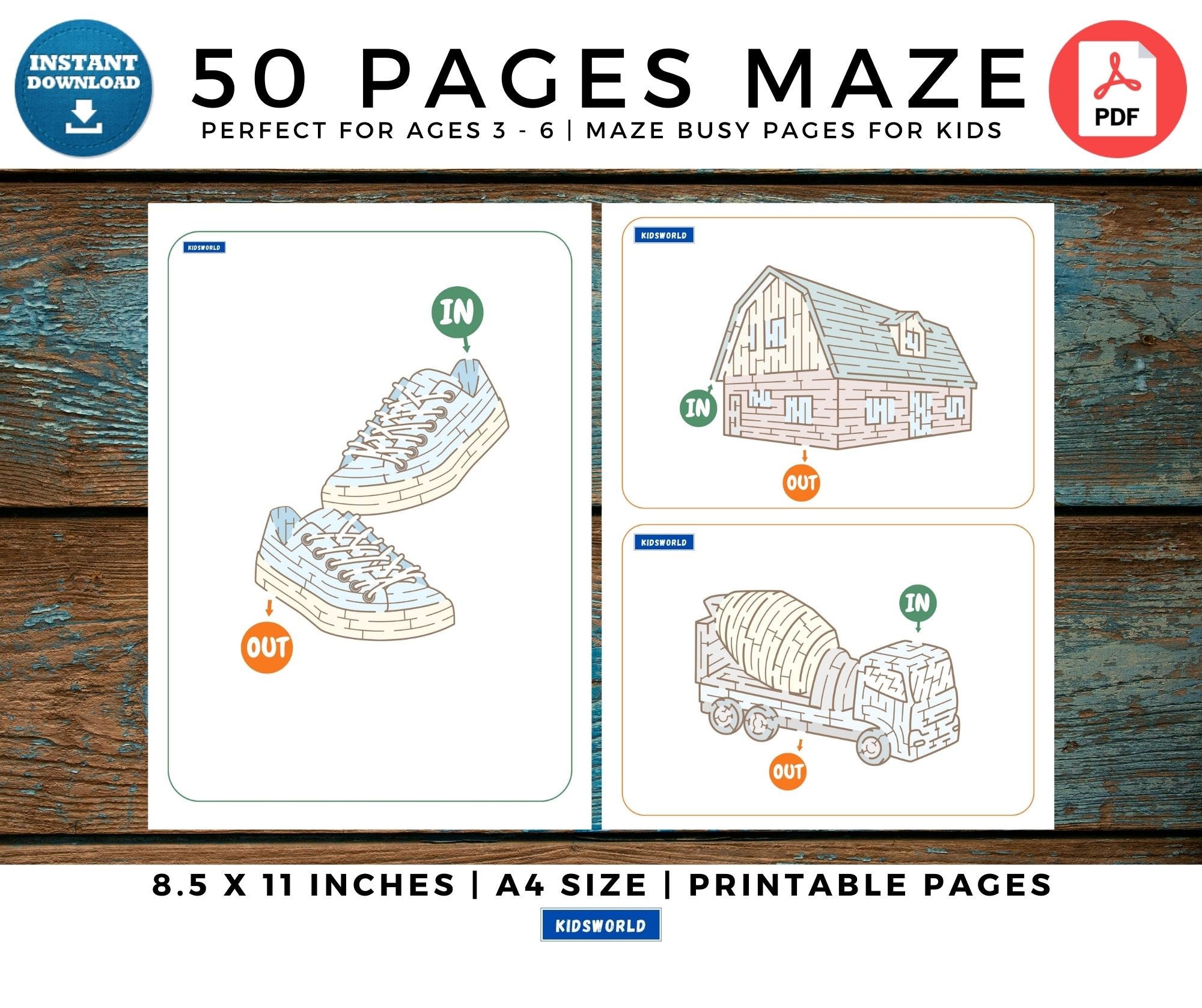 Printable MAZE Challenge Pages for Toddlers and Kids 50 Pages 3-6 Years ...