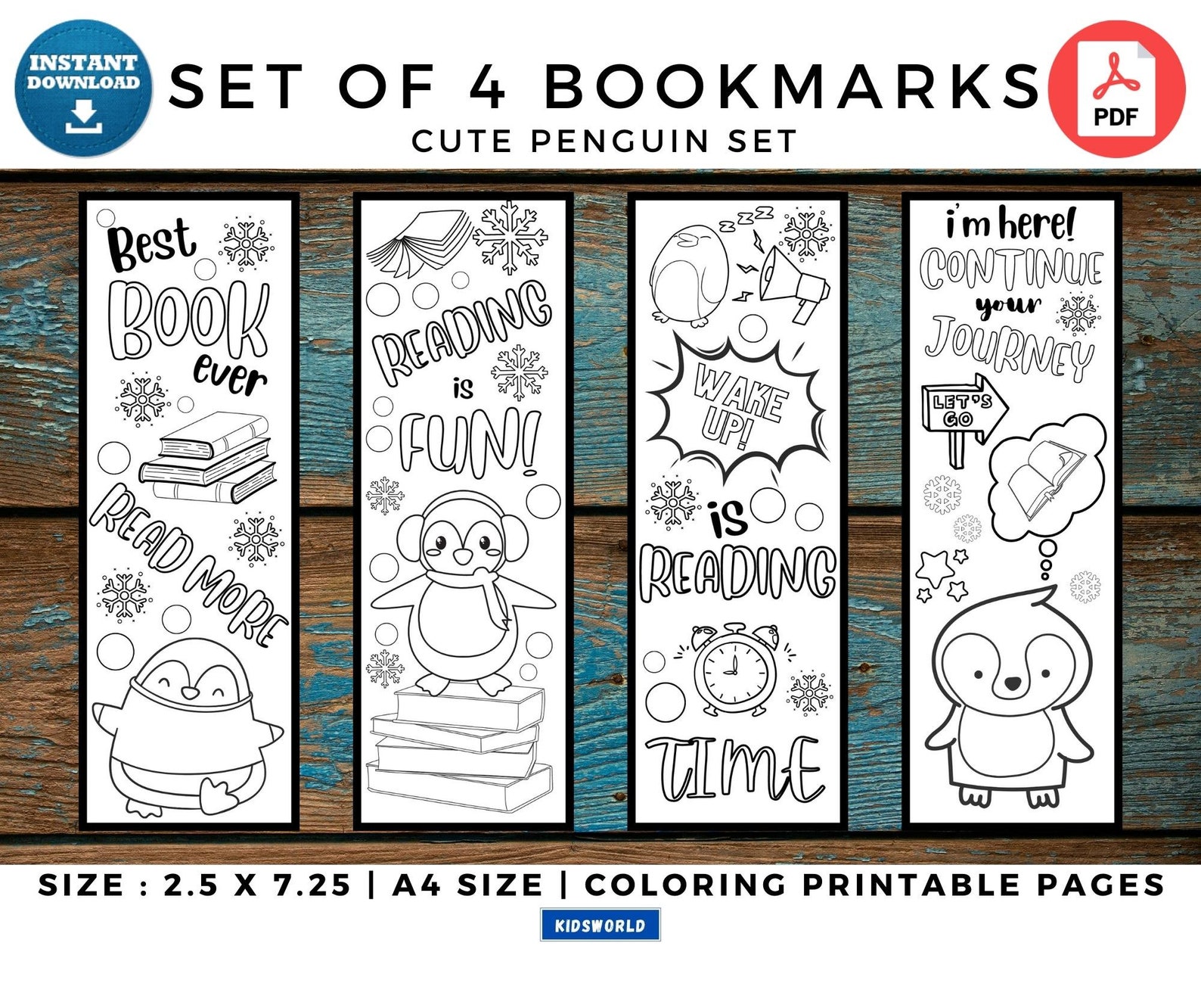 Penguin Printable Coloring Bookmarks for Kids. Instant Download .4 DIY ...