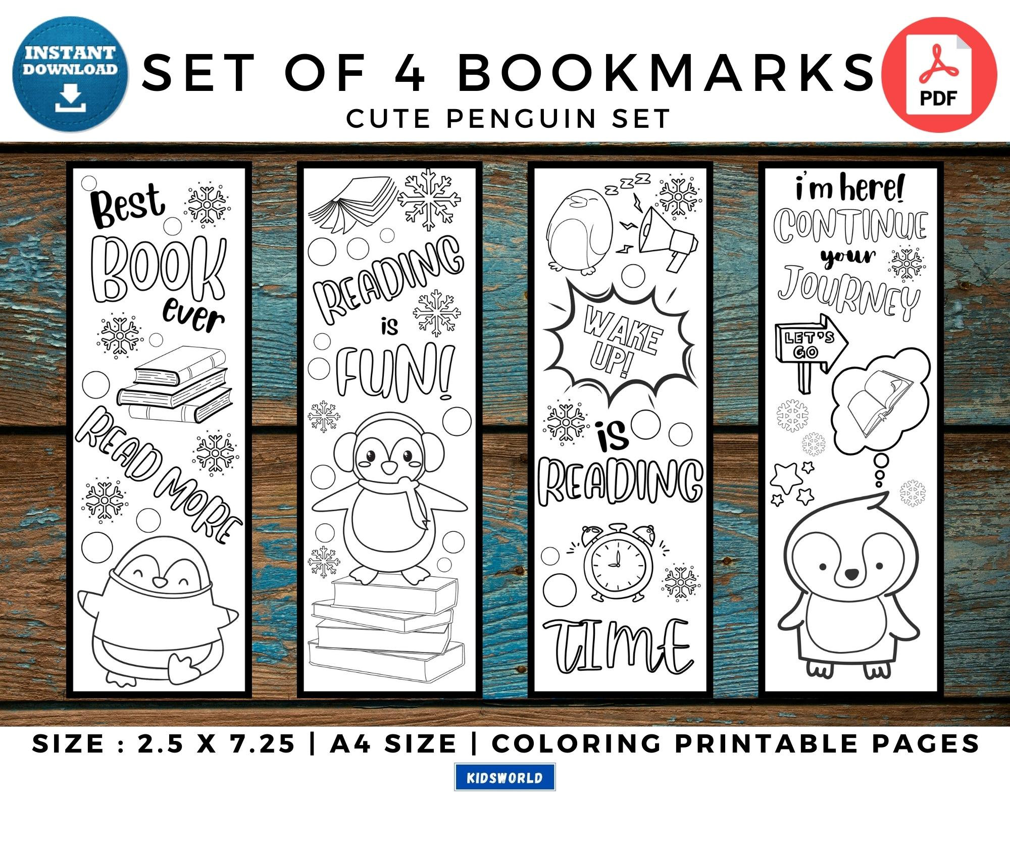 Penguin Printable Coloring Bookmarks for Kids. Instant Download .4 DIY ...