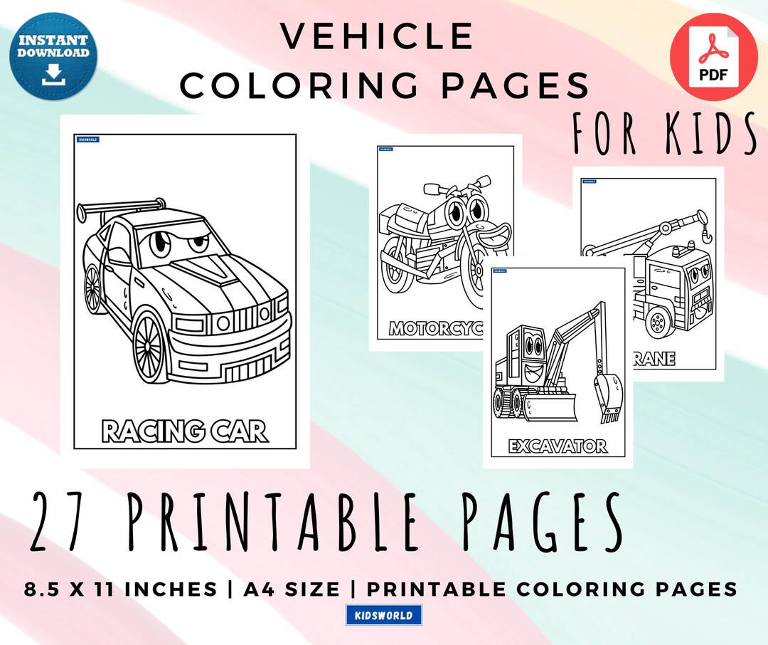 Vehicle Kids Coloring Pages for Kids Printable Coloring - Etsy