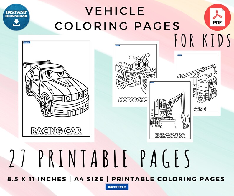 Vehicle Kids Coloring Pages for Kids Printable Coloring - Etsy