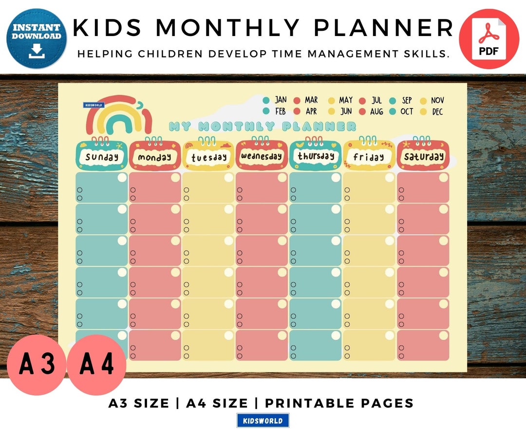 Monthly Planner for Kids, Kids Monthly Planner Printable Pages, Kids ...