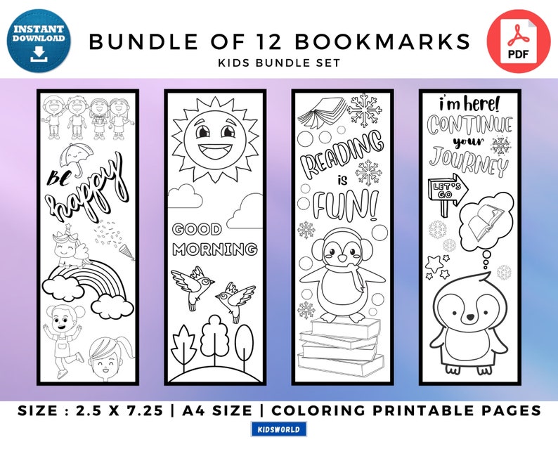 Bundle 12 Pages of Printable Coloring Bookmarks for Kids. - Etsy