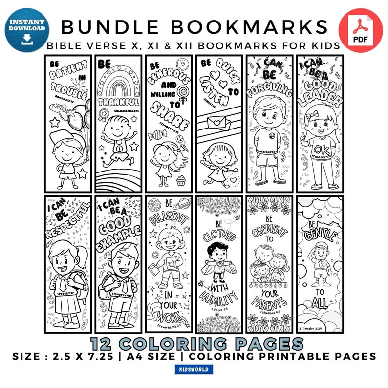 Kids Bundle 12 Printable Fun Coloring Bible Bookmarks. Instant Digital ...