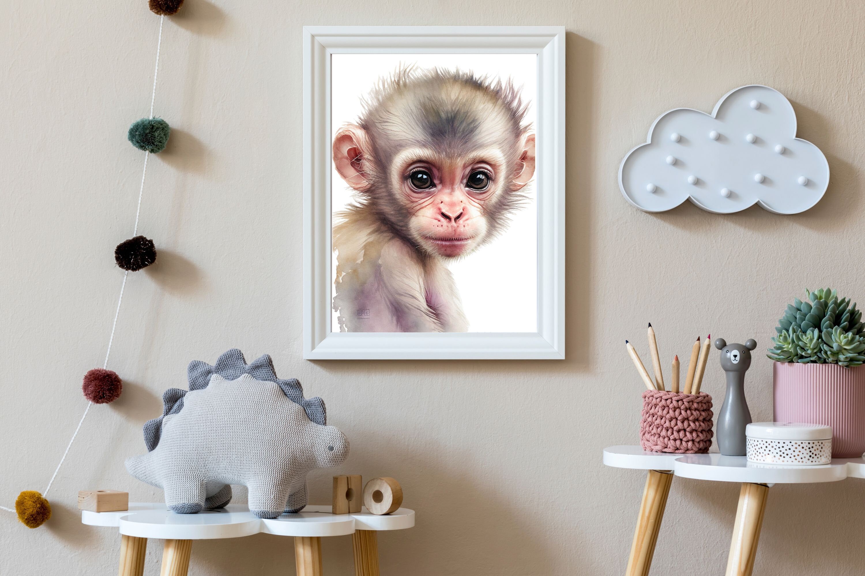 Baby Monkey Printable Wall Art, Watercolour Print, Nursery Decor ...