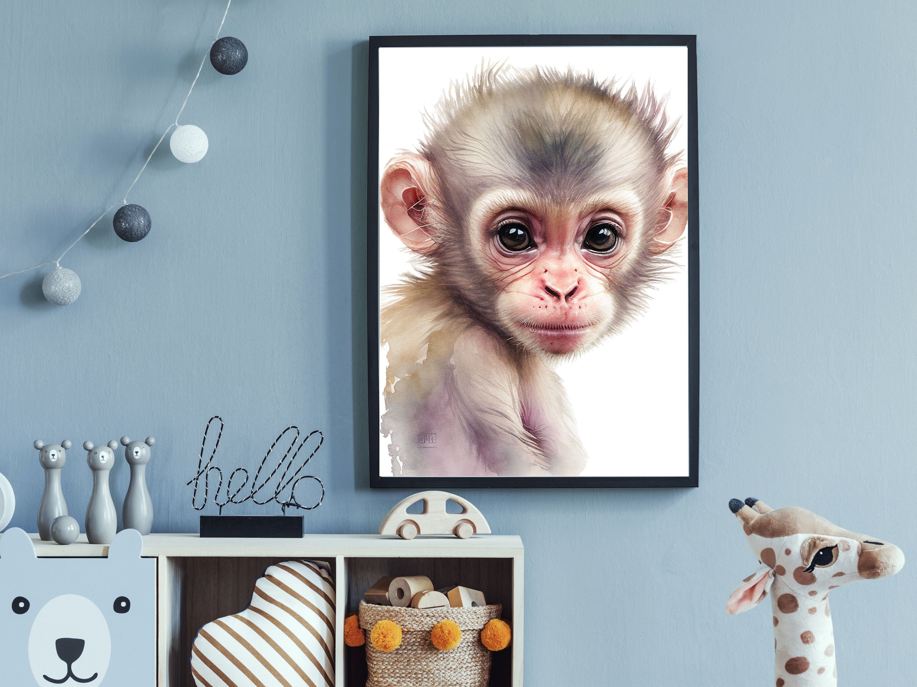 Baby Monkey Printable Wall Art, Watercolour Print, Nursery Decor ...