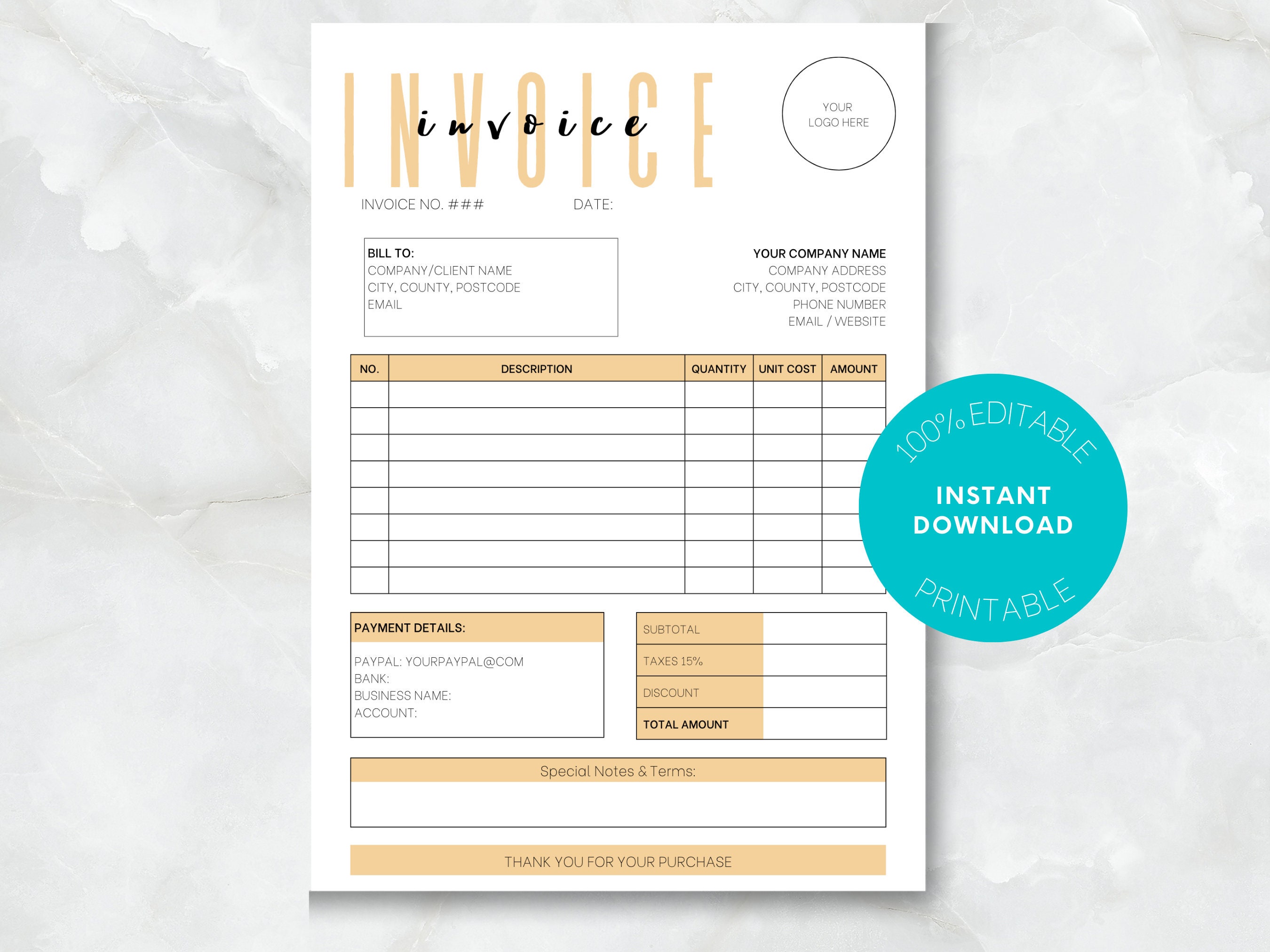 Invoice Template Editable, Small Business Custom Order Form Printable ...