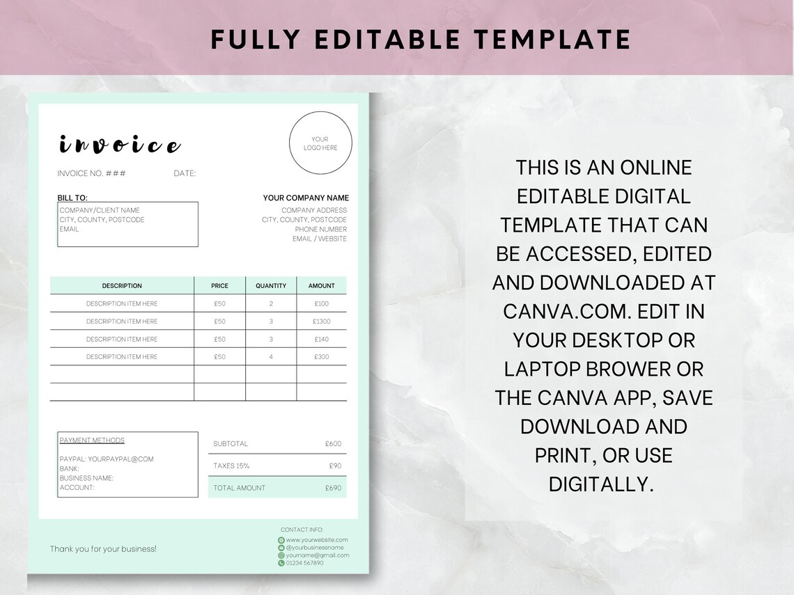 Invoice Editable Template, Printable Order Form Invoice, 5 Premade ...