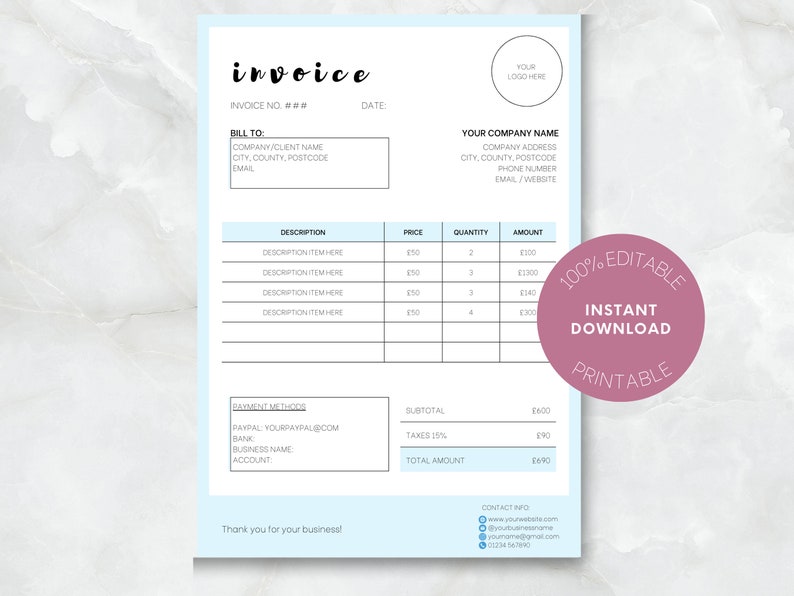 Invoice Editable Template, Printable Order Form Invoice, 5 Premade ...