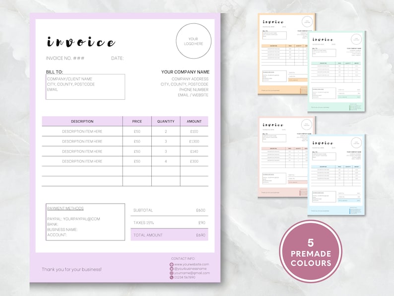 Invoice Editable Template, Printable Order Form Invoice, 5 Premade ...