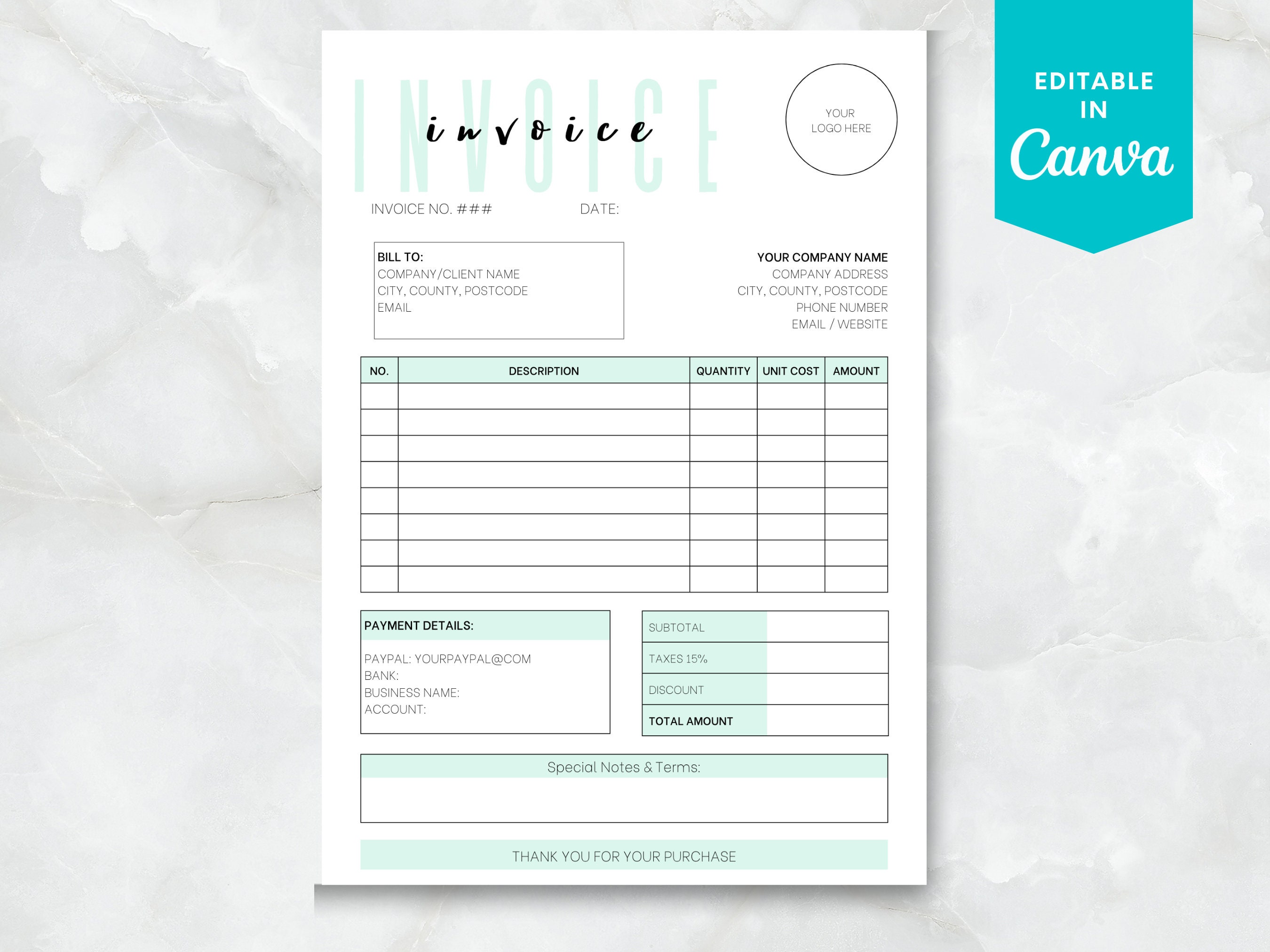 Invoice Template Editable, Small Business Custom Order Form Printable ...