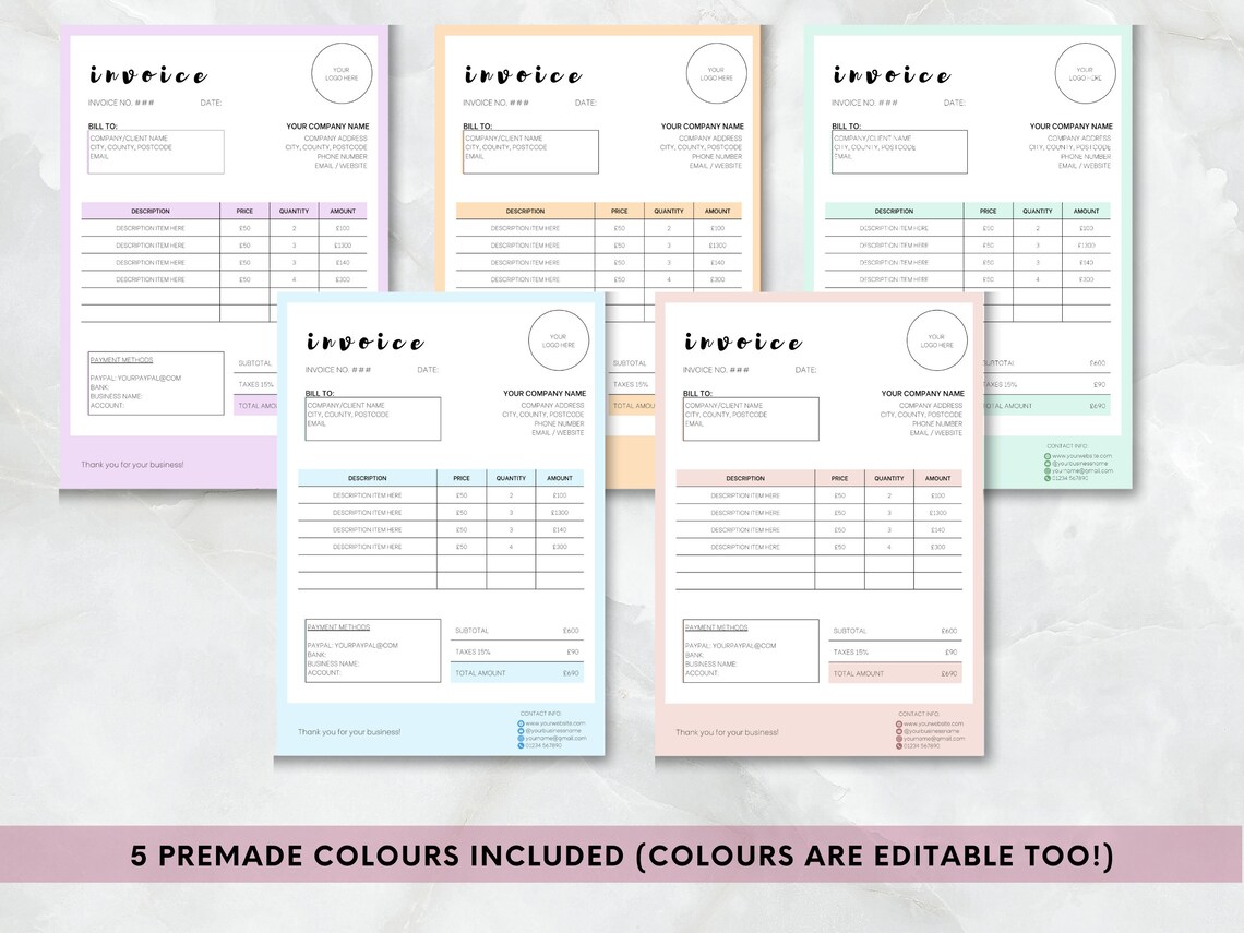 Invoice Editable Template, Printable Order Form Invoice, 5 Premade ...
