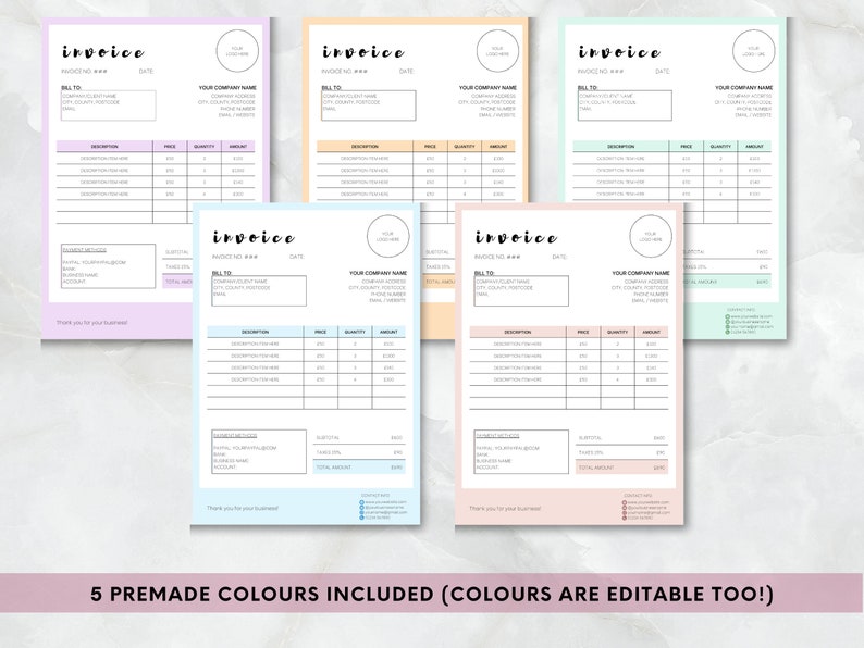 Invoice Editable Template, Printable Order Form Invoice, 5 Premade ...
