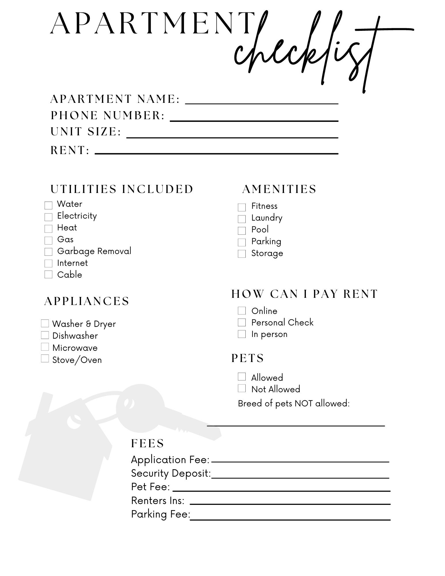 Printable/editable Apartment Checklist - Etsy