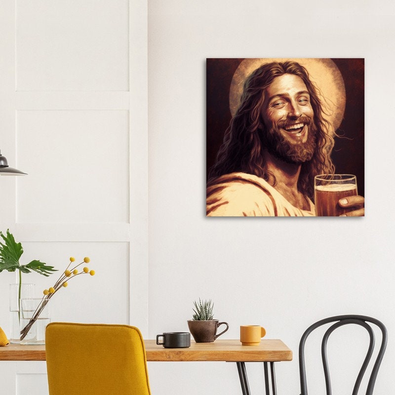 Funny Jesus Beer Poster, Witty Beer Glass Art Picture Humorous Christ ...