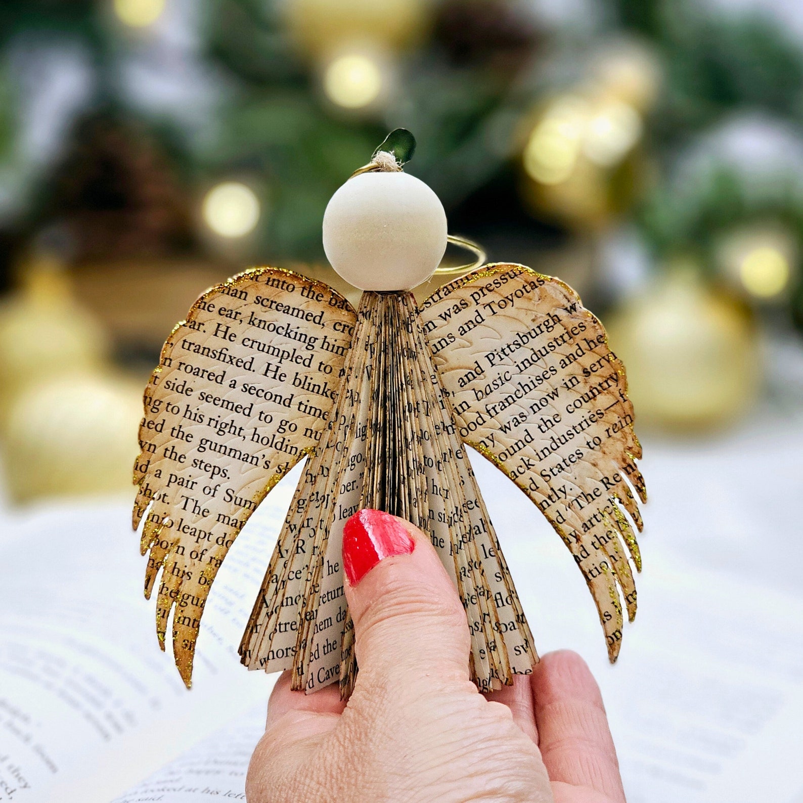 Handmade Book Page Angel Ornament, Gold Glitter Wings - Etsy