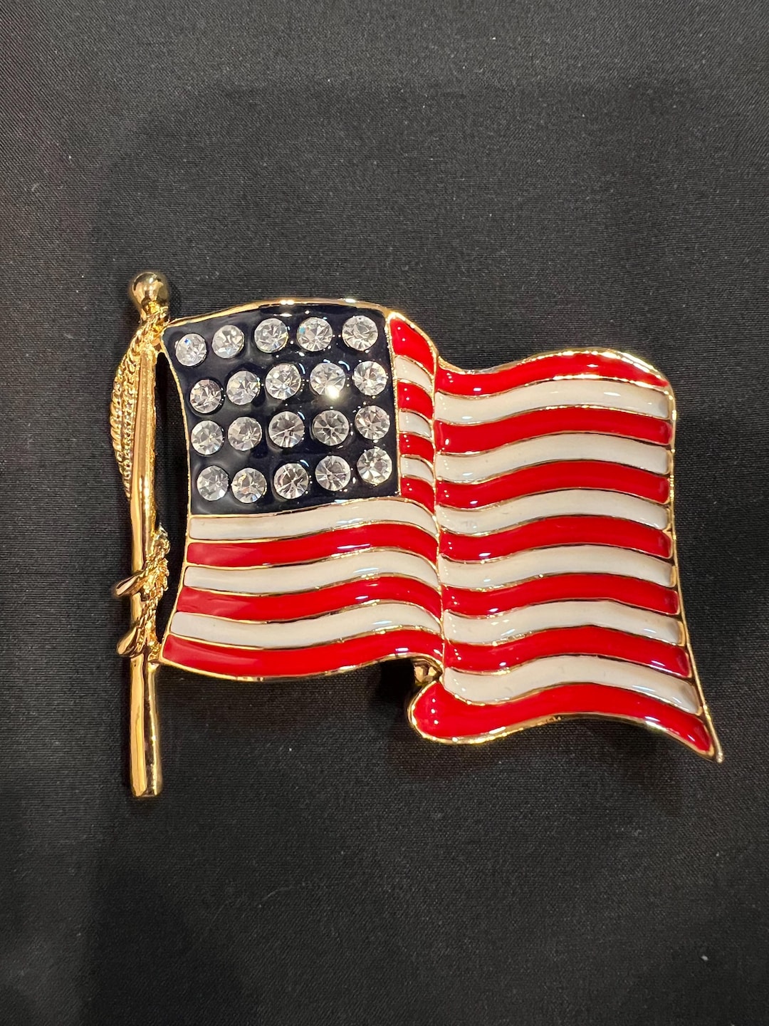 Vintage Large American Flag Brooch Pin-gold Tone/red & White Enameled ...