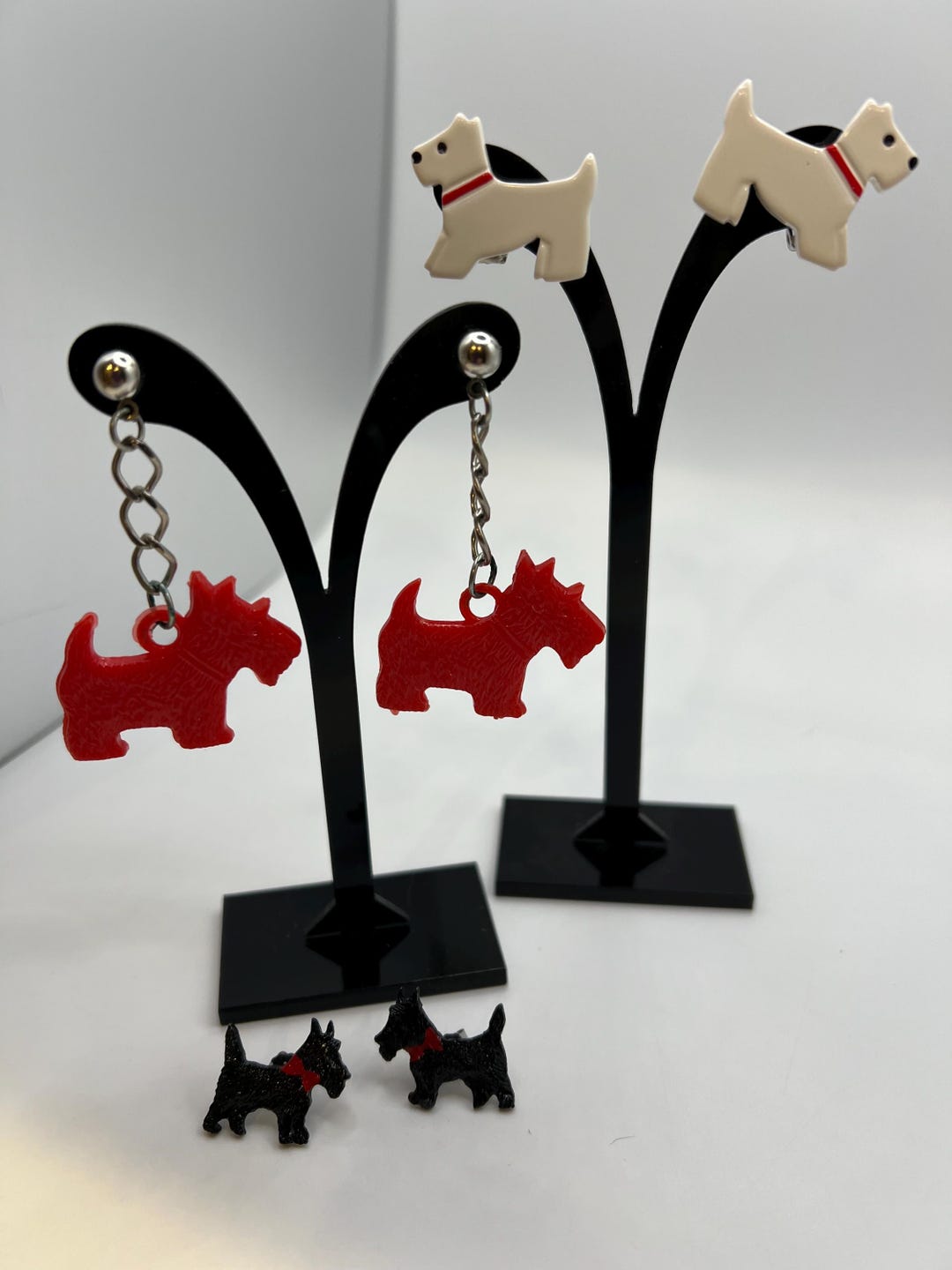 Vintage Scotty Dog Earrings-3 Pair-red Plastic/silver Tone Chain-black ...