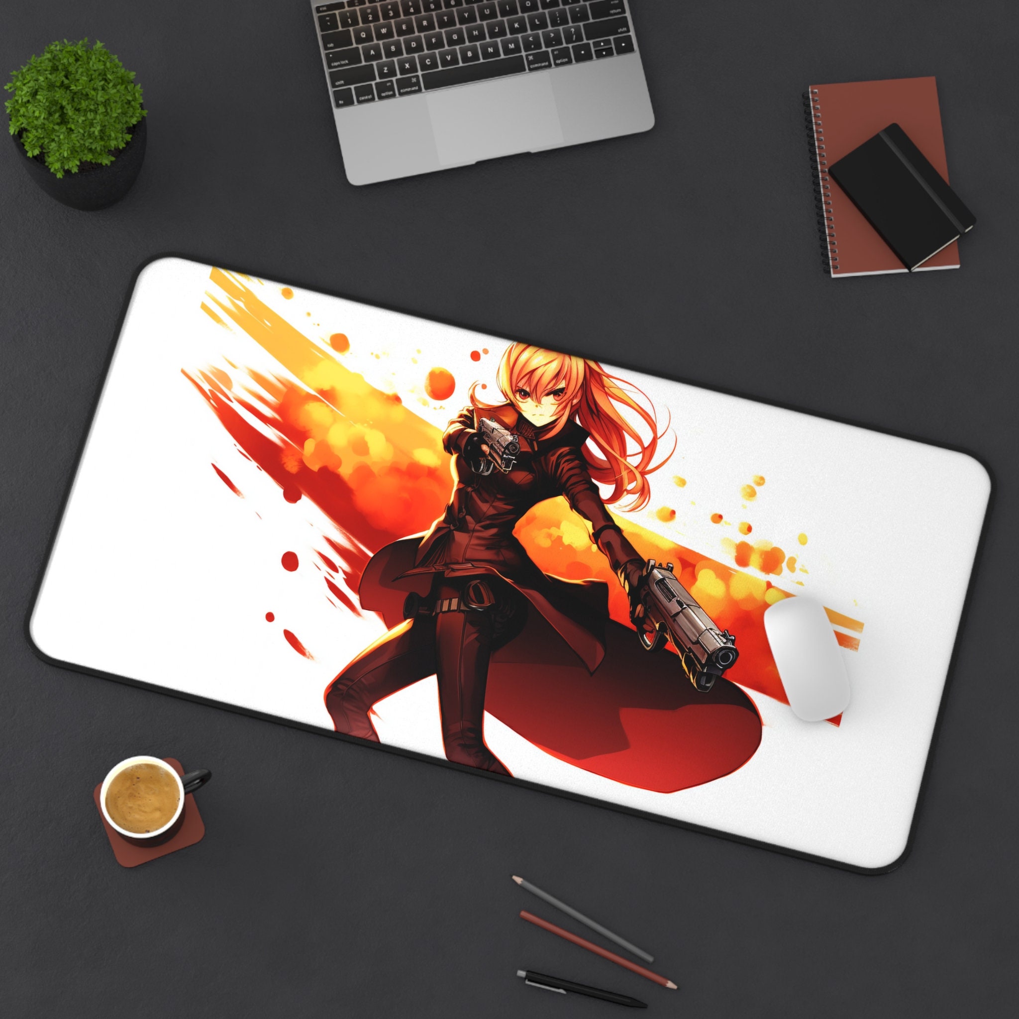 Anime Girl With Gun Aesthetic Mouse Pad, XXL Anime Girl Desk Mat, Girl ...