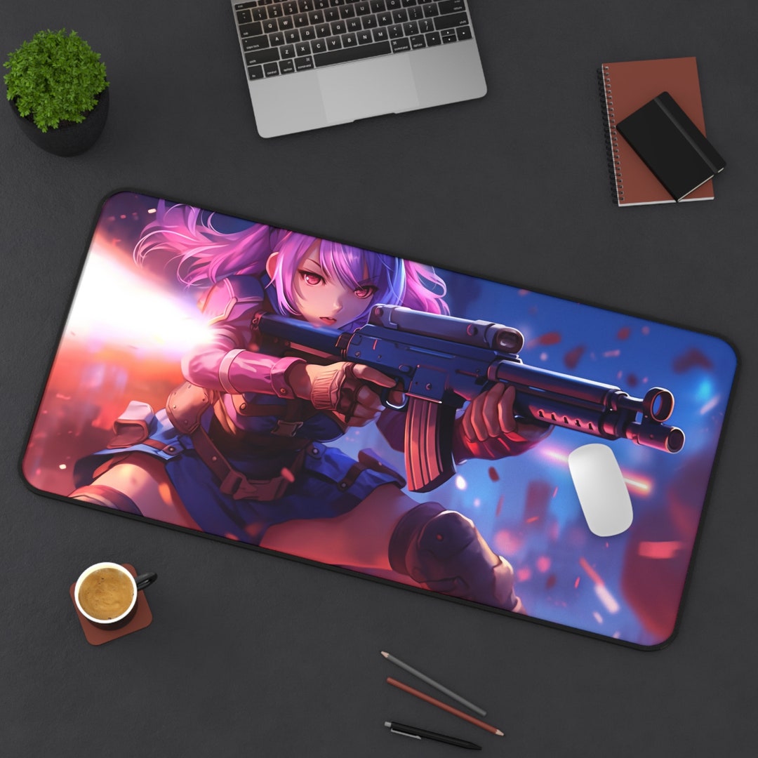 Anime Girl With Gun Aesthetic Mouse Pad, XXL Anime Girl Desk Mat, Girl ...