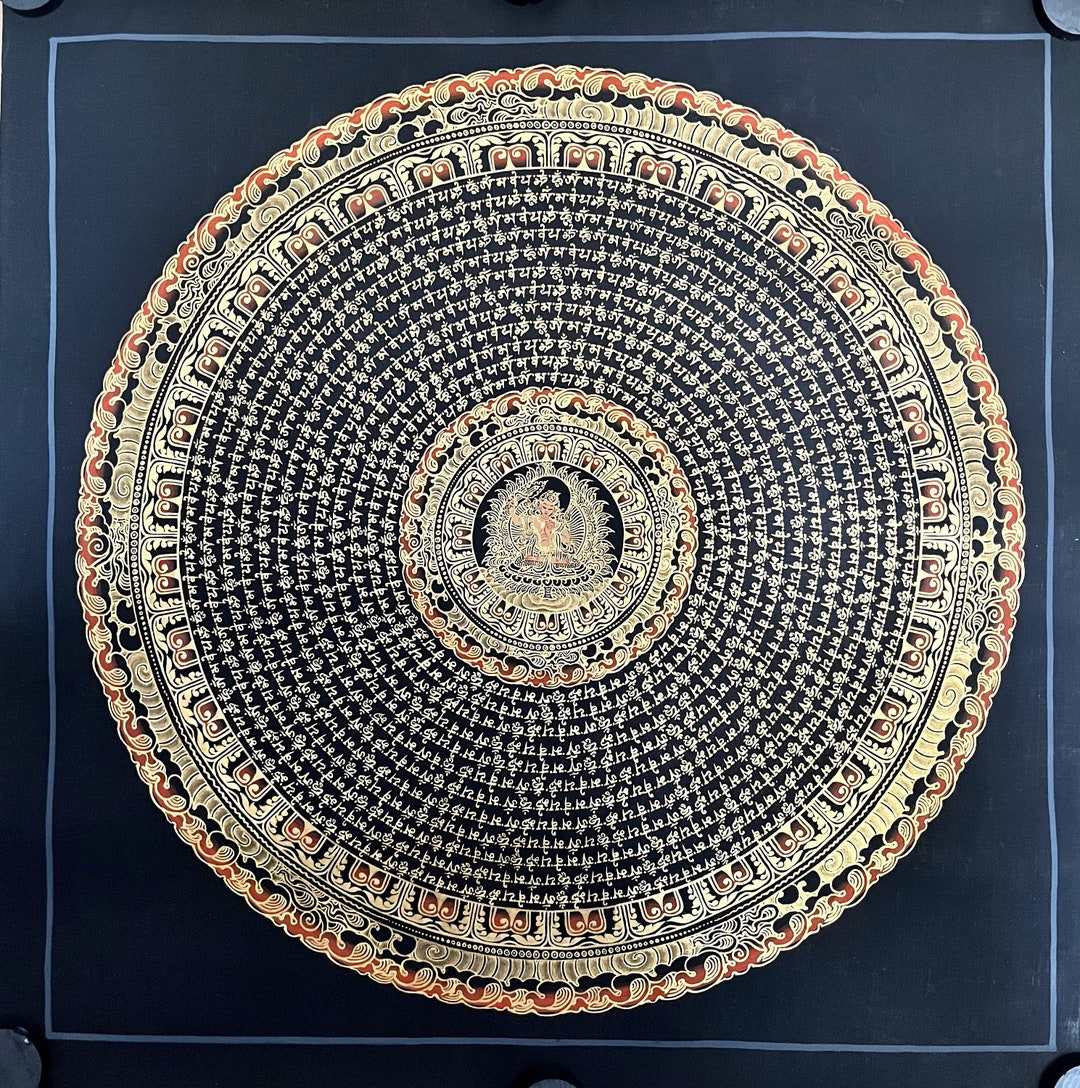 Premium Hand-painted Manjushree Mantra Mandala Thangka Painting 40x40 ...