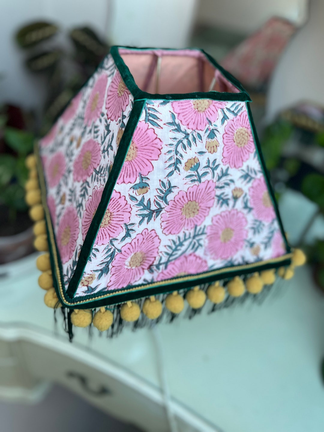 Retro Handmade Lampshade Pink, Emerald Green and Yellow Pom Pom Indian ...