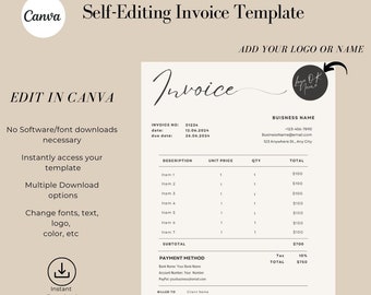 Editable Invoice Template | Canva Invoice Design | Printable Receipt ...