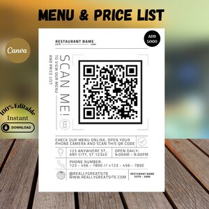 Printable Menu & Price List QR Code Sign Template, Scan to View Menu ...