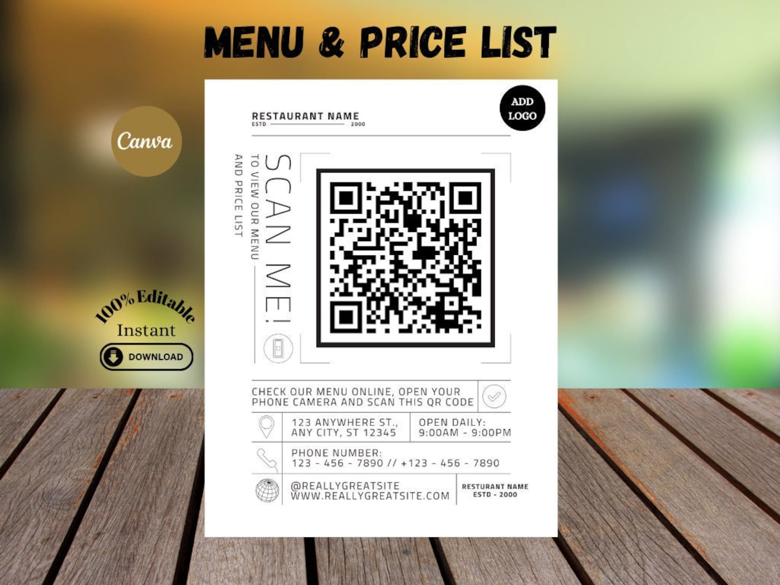 Printable Menu & Price List QR Code Sign Template, Scan to View Menu ...