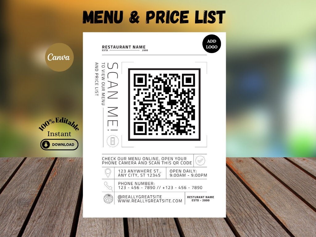 Printable Menu & Price List QR Code Sign Template, Scan to View Menu ...