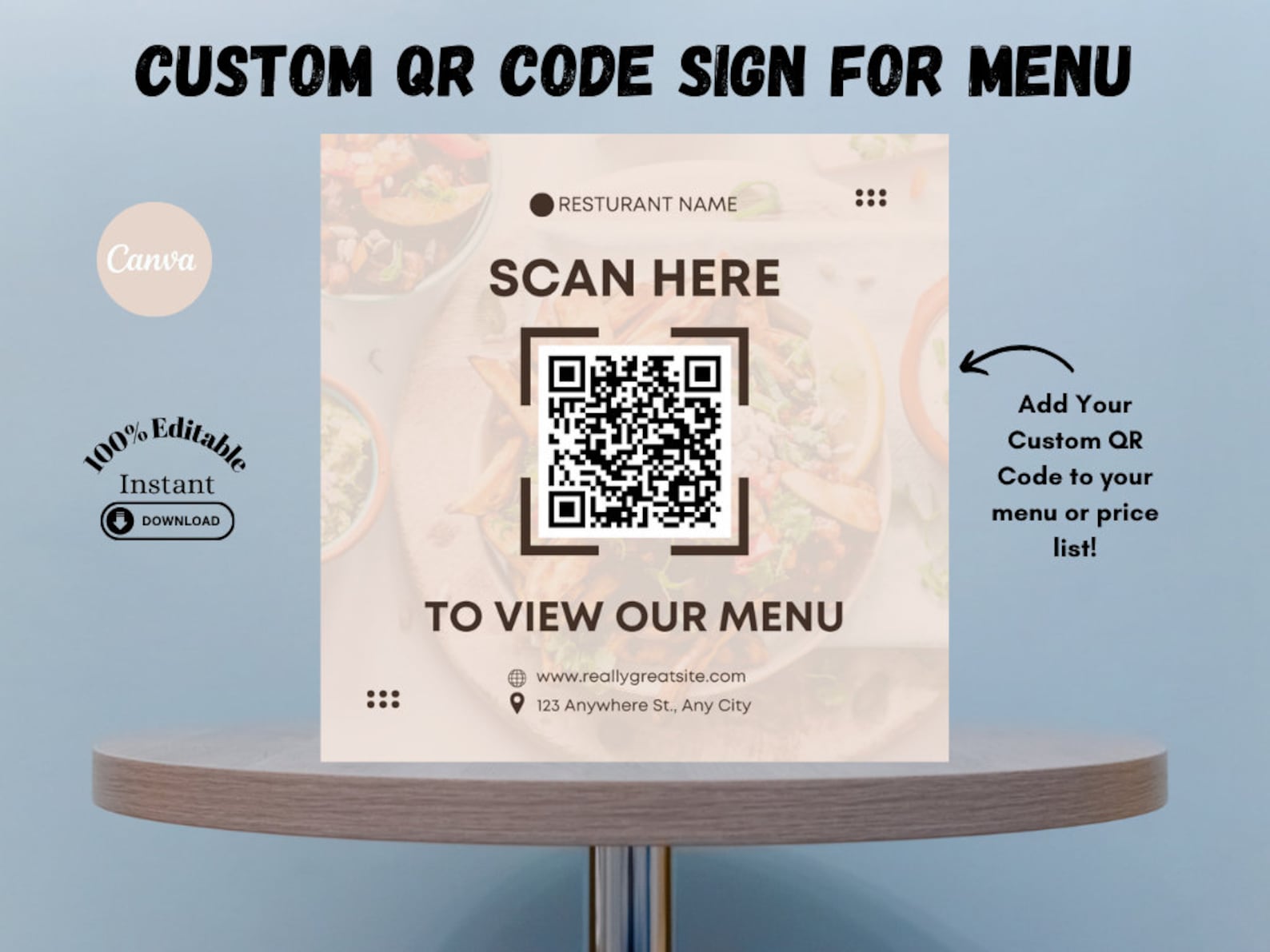 Printable Menu QR Code Sign Template, Editable Scan to View Menu Sign, Instant Download, Minimal ...