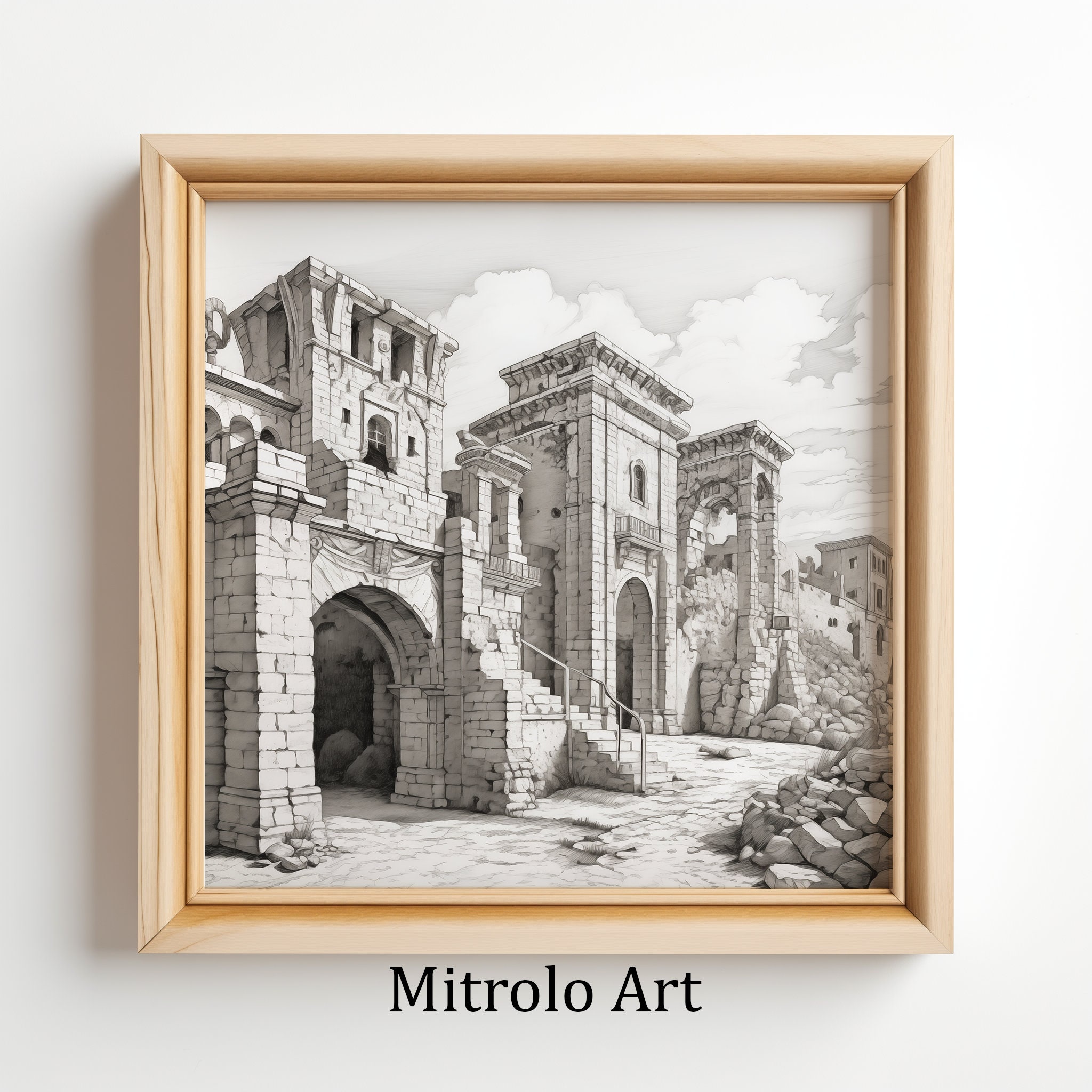 Vintage Drawing Ancient Ruins, Historical Landmark Art, Archeological ...