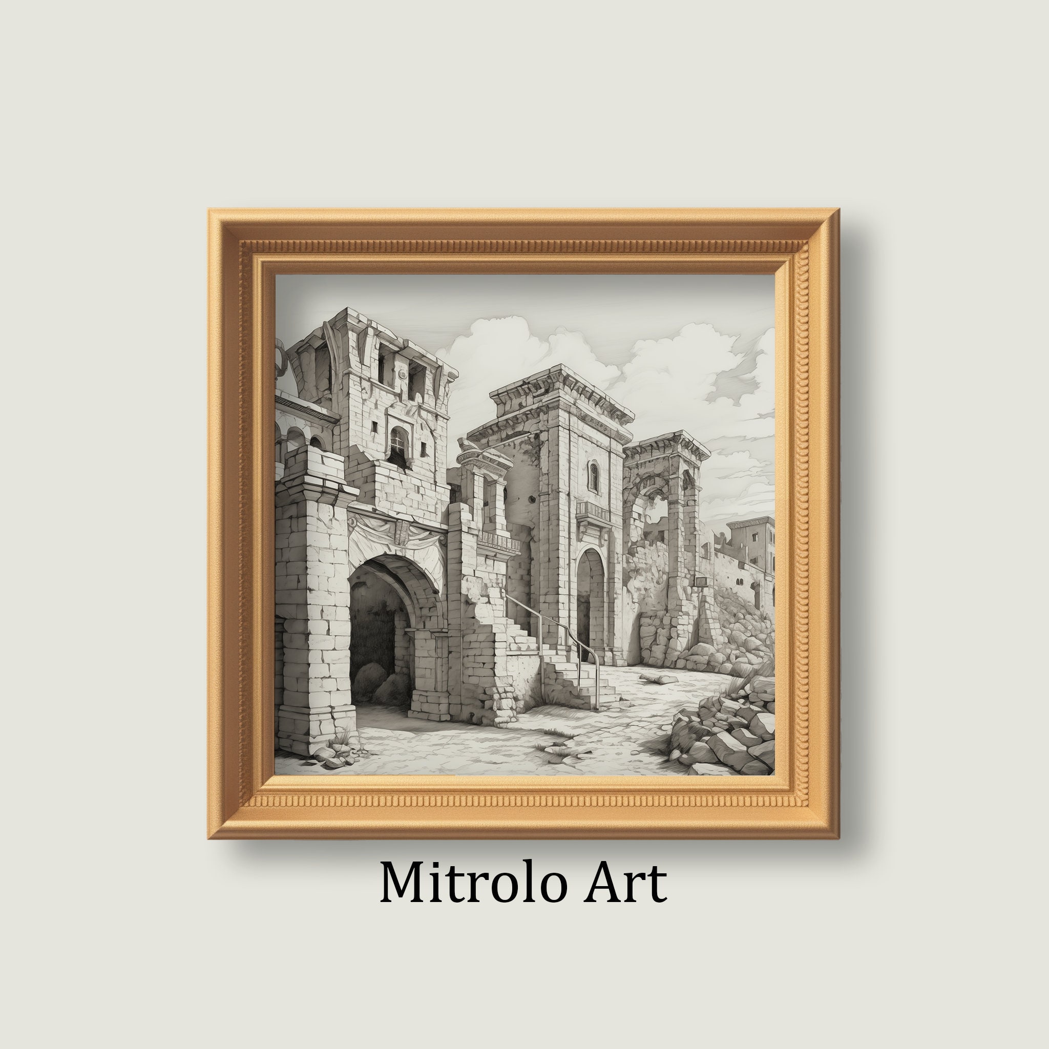 Vintage Drawing Ancient Ruins, Historical Landmark Art, Archeological ...