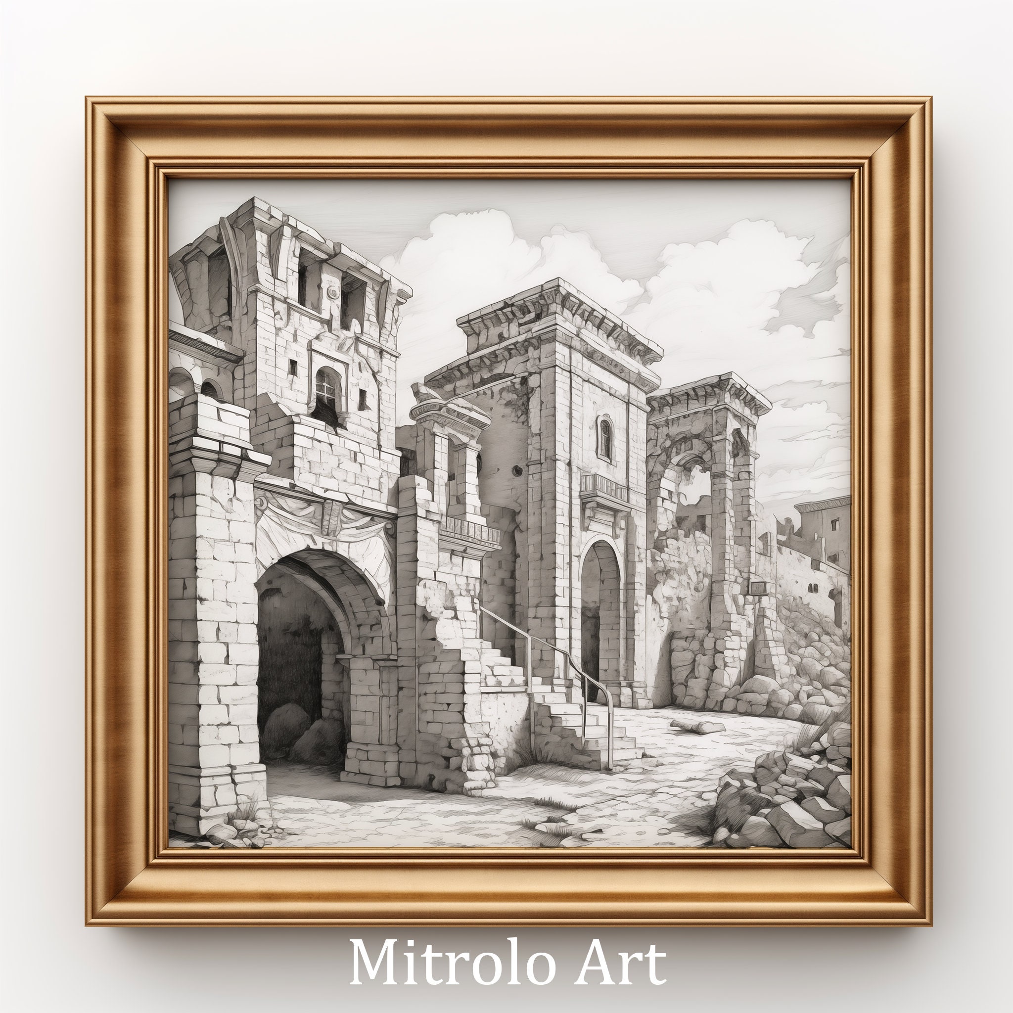 Vintage Drawing Ancient Ruins, Historical Landmark Art, Archeological ...