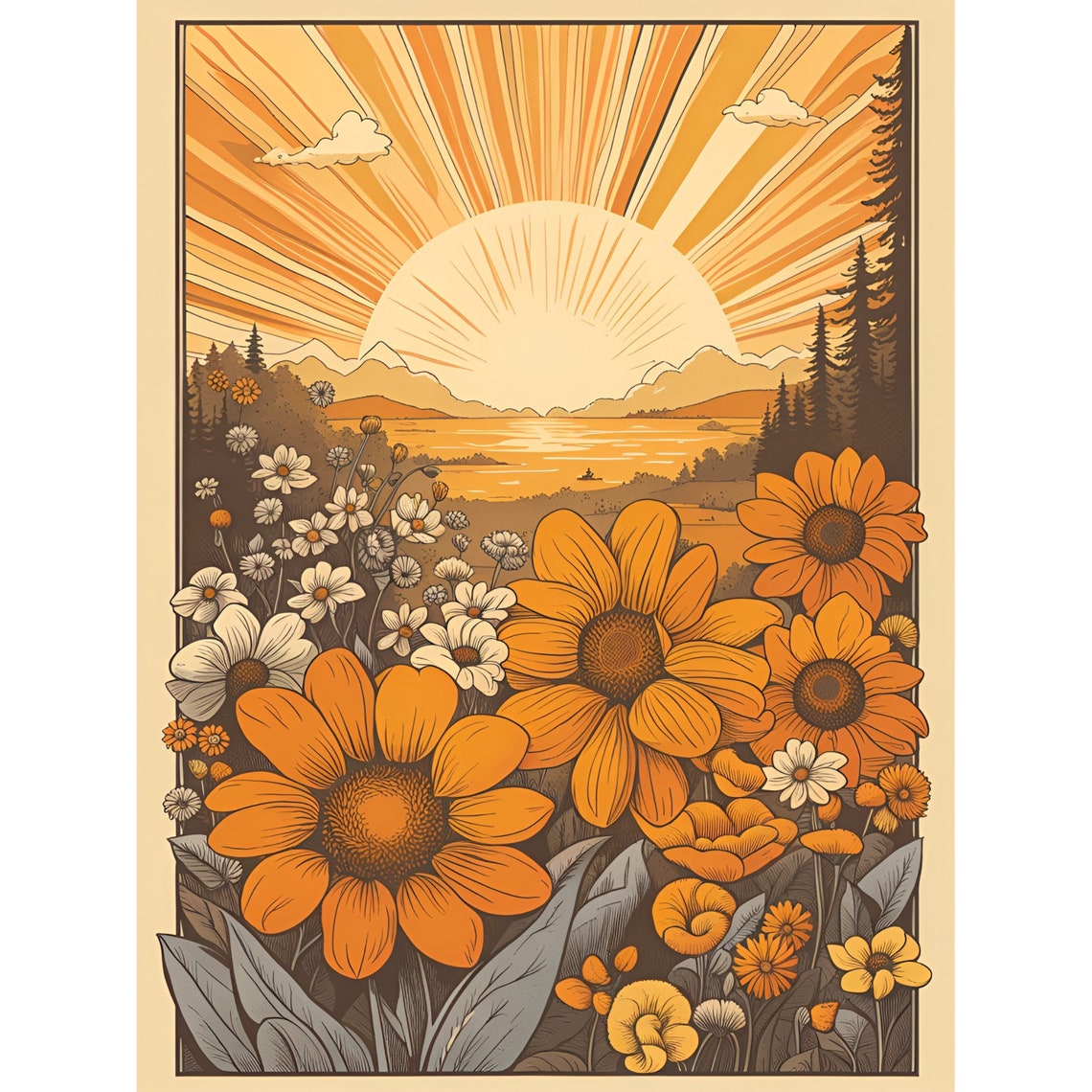 Vintage 70s Style Sunshine Flower Field Art Print 70s Flowers Hippie ...