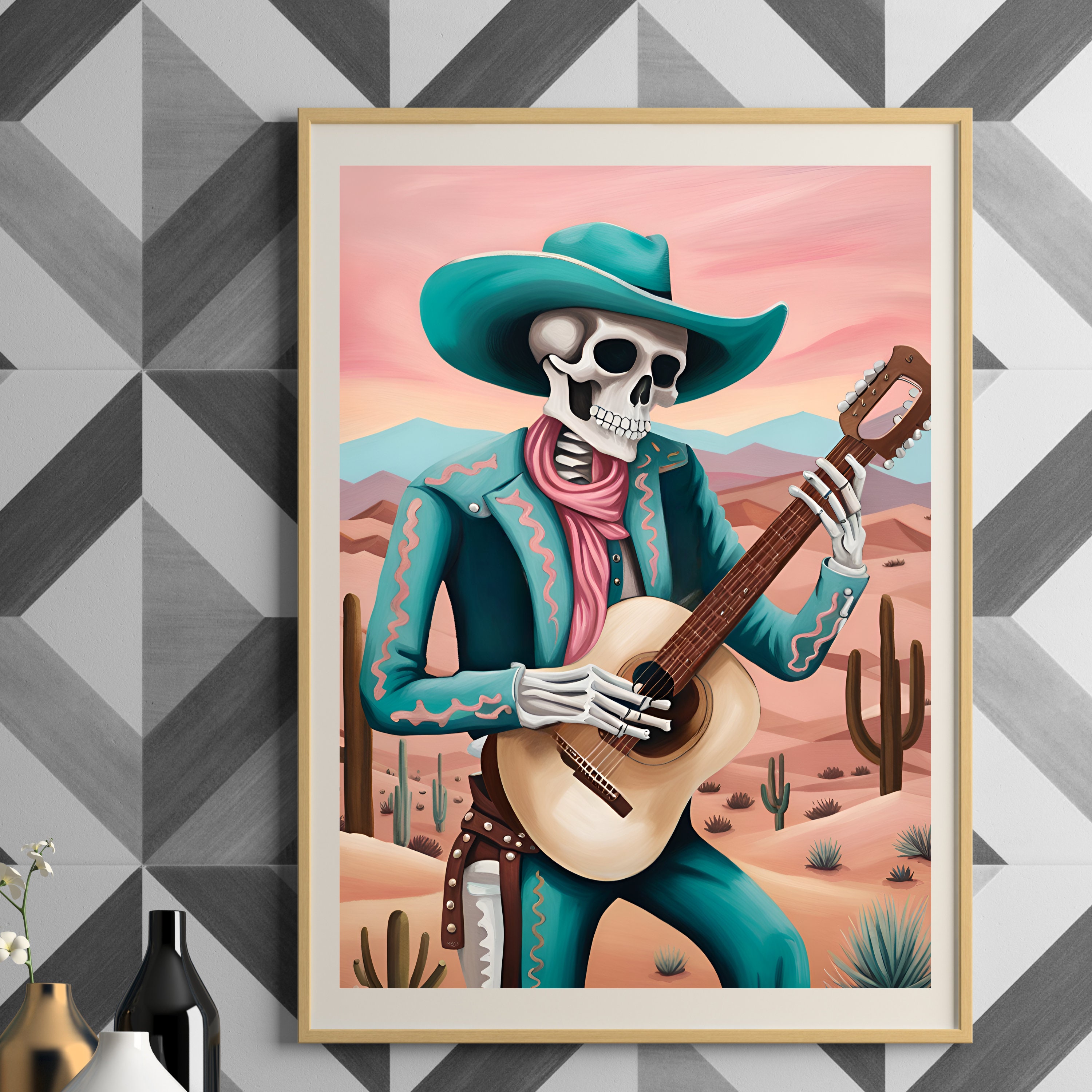 Cowboy Skeleton Playing Guitar Vintage Mid Century Style Art - Etsy