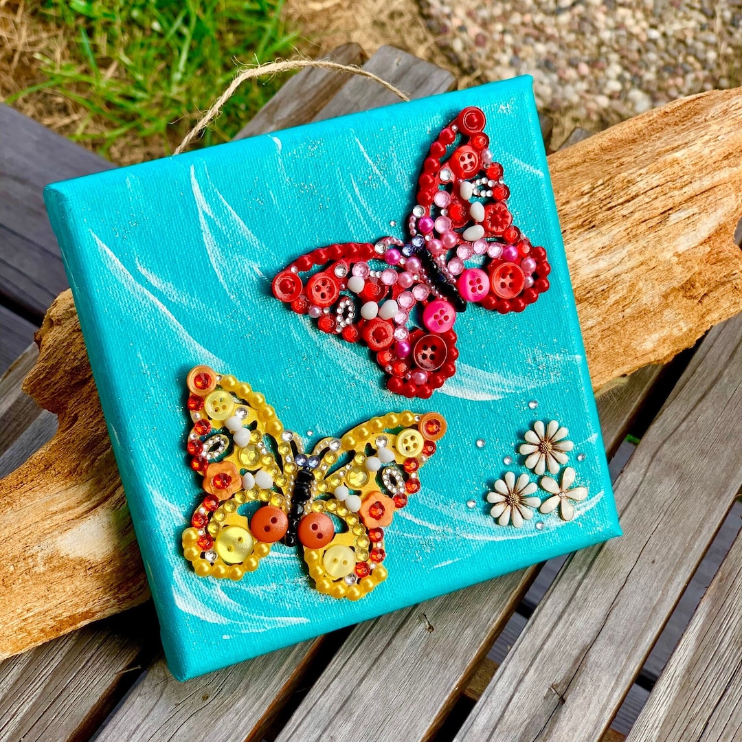 Butterflies and Flowers Original Button Art 6x6, Custom Button Artwork ...
