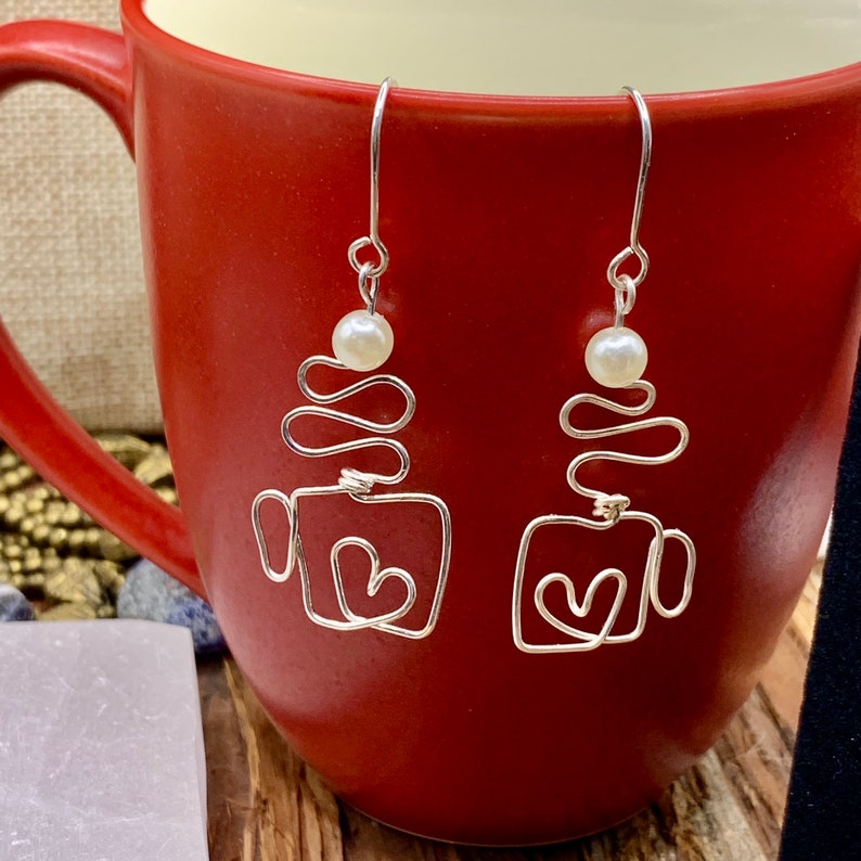 Coffee Mug Heart Sterling Silver Wire Earrings, Coffee Cup Boho ...