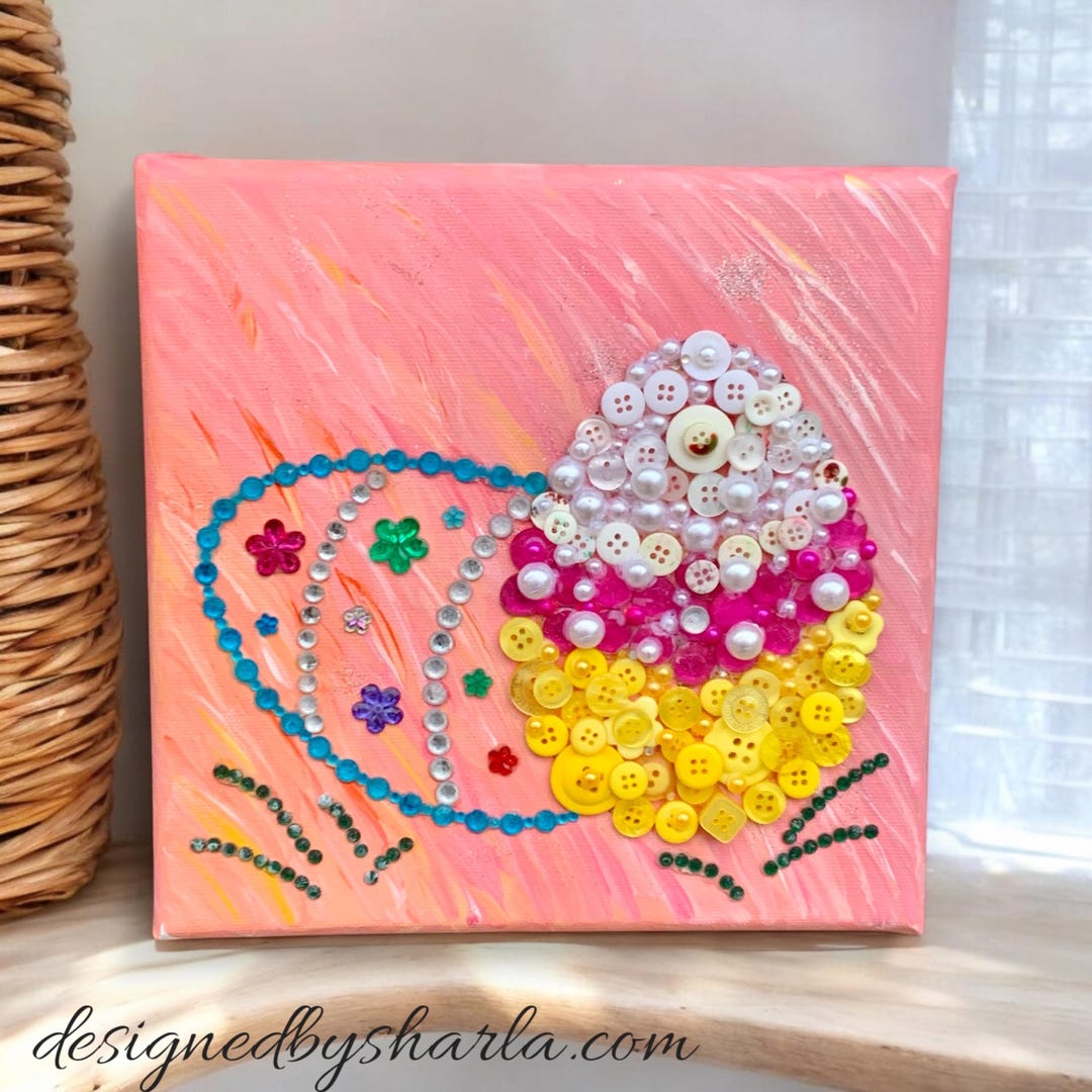 Easter Eggs Button Art, Easter Egg Original Canvas, Whimsical Wall ...
