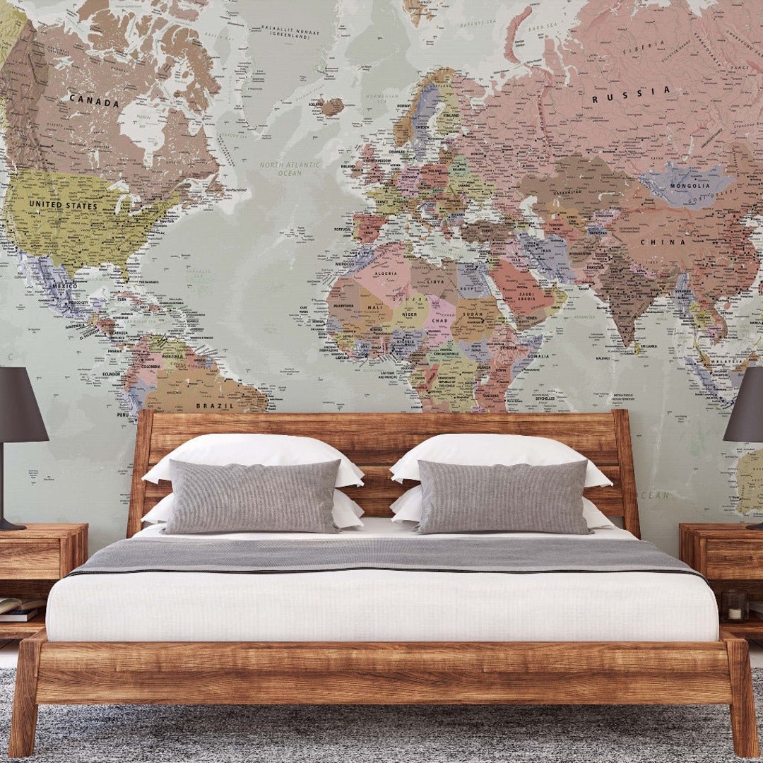 Colored World Map Wallpaper Mural | Vintage Traditional Style Map ...