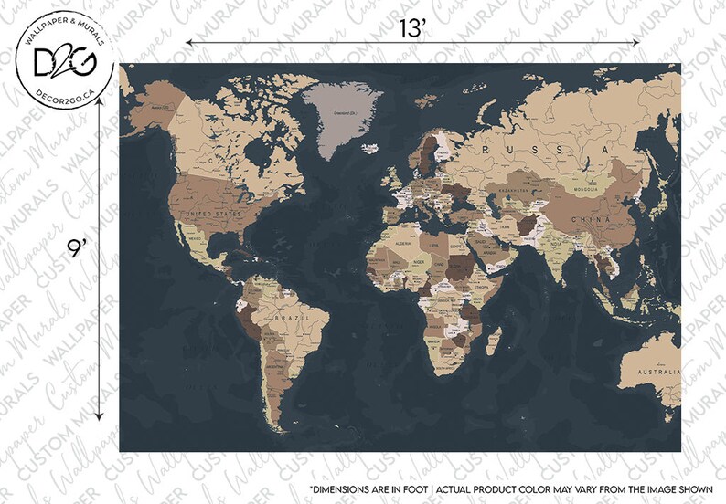 Black and Brown World Map Wallpaper Mural | Vintage Travel Wall Art ...