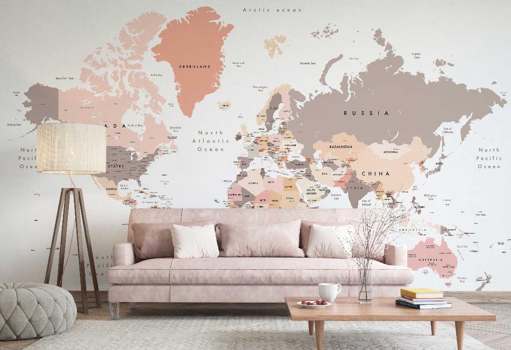 Peach World Map Wallpaper Mural - Etsy