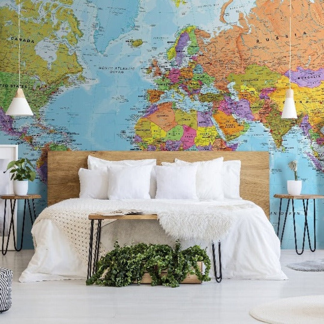 Bright World Map Wallpaper Mural - Etsy