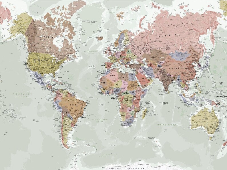 Colored World Map Wallpaper Mural - Etsy