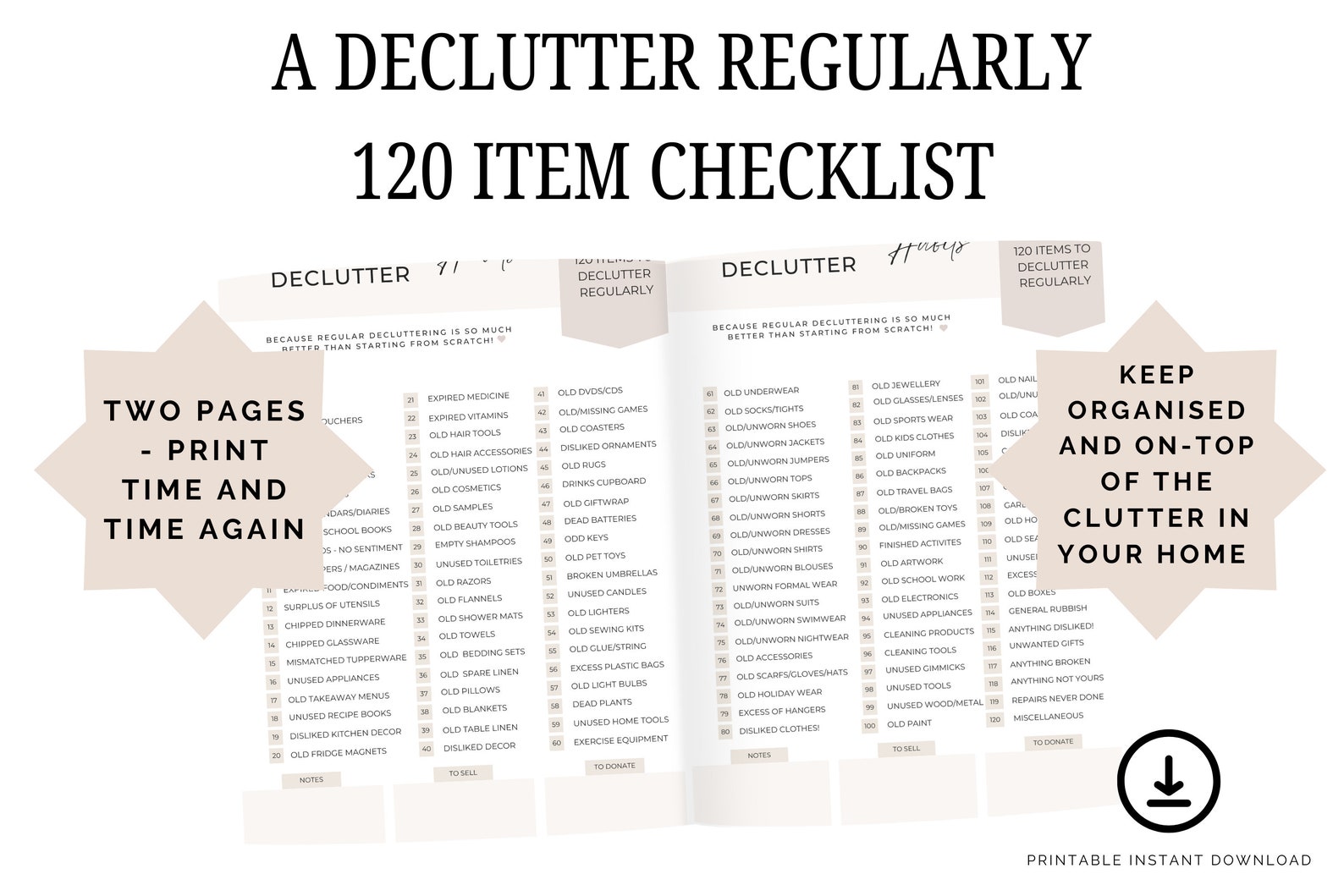 120 Items to Declutter Regularly Checklist | Declutter Worksheets ...