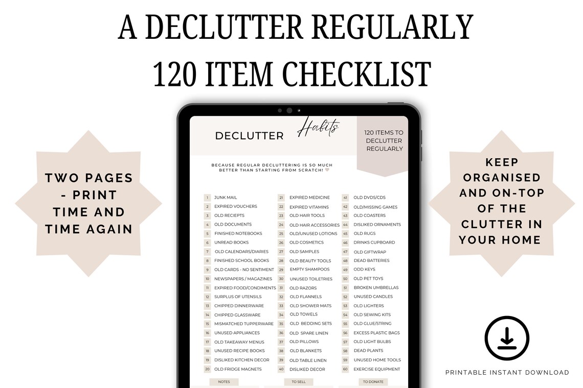 120 Items to Declutter Regularly Checklist Declutter Worksheets ...
