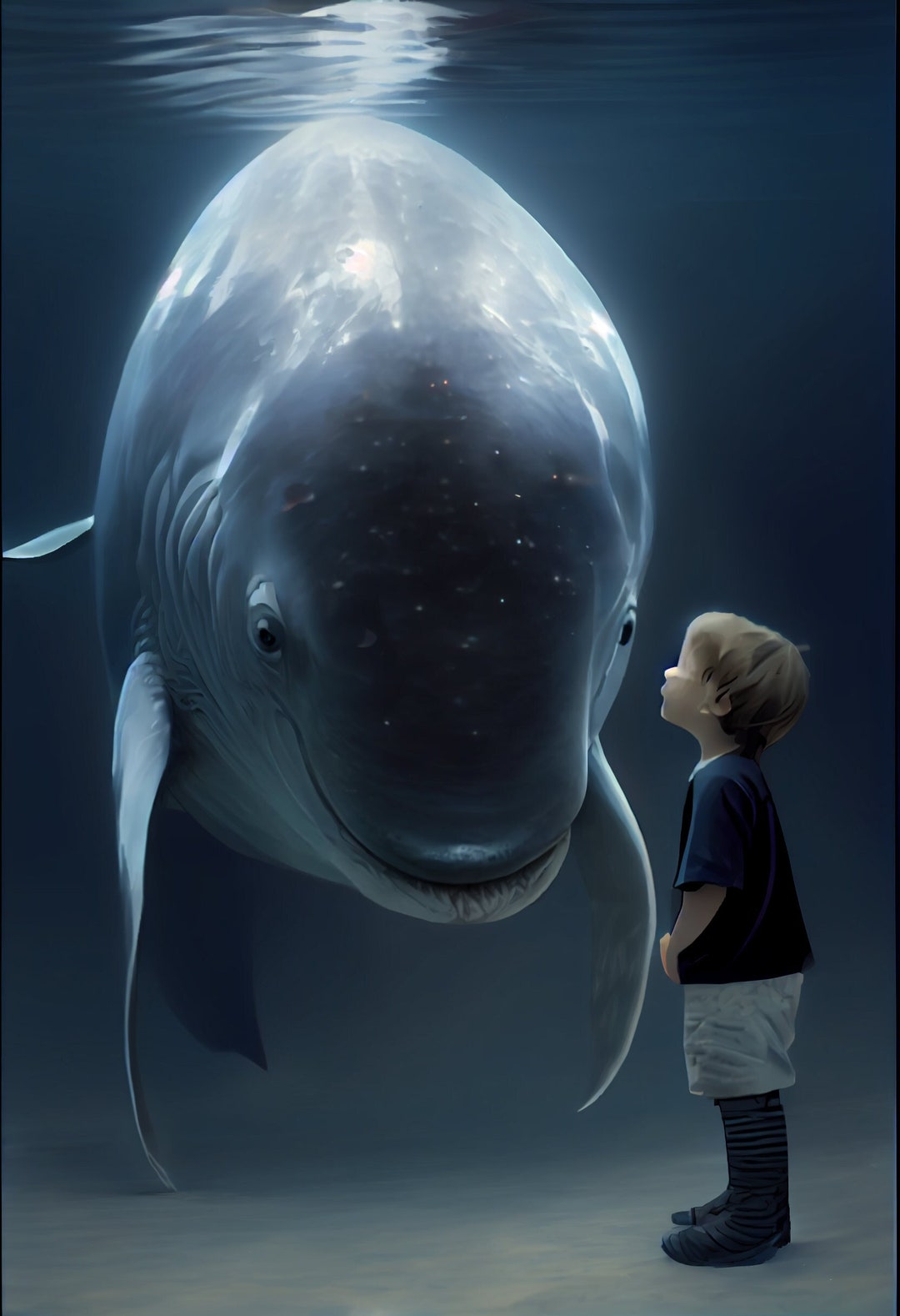 Abstract Art Boy With Manatee Underwater Digital Print 3D Retro Vintage ...