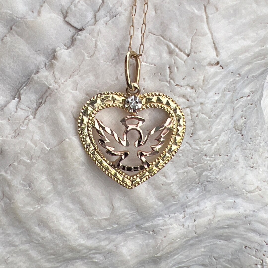 Vintage 10k Tricolor Gold Angel Heart Pendant Necklace With Diamond - Etsy