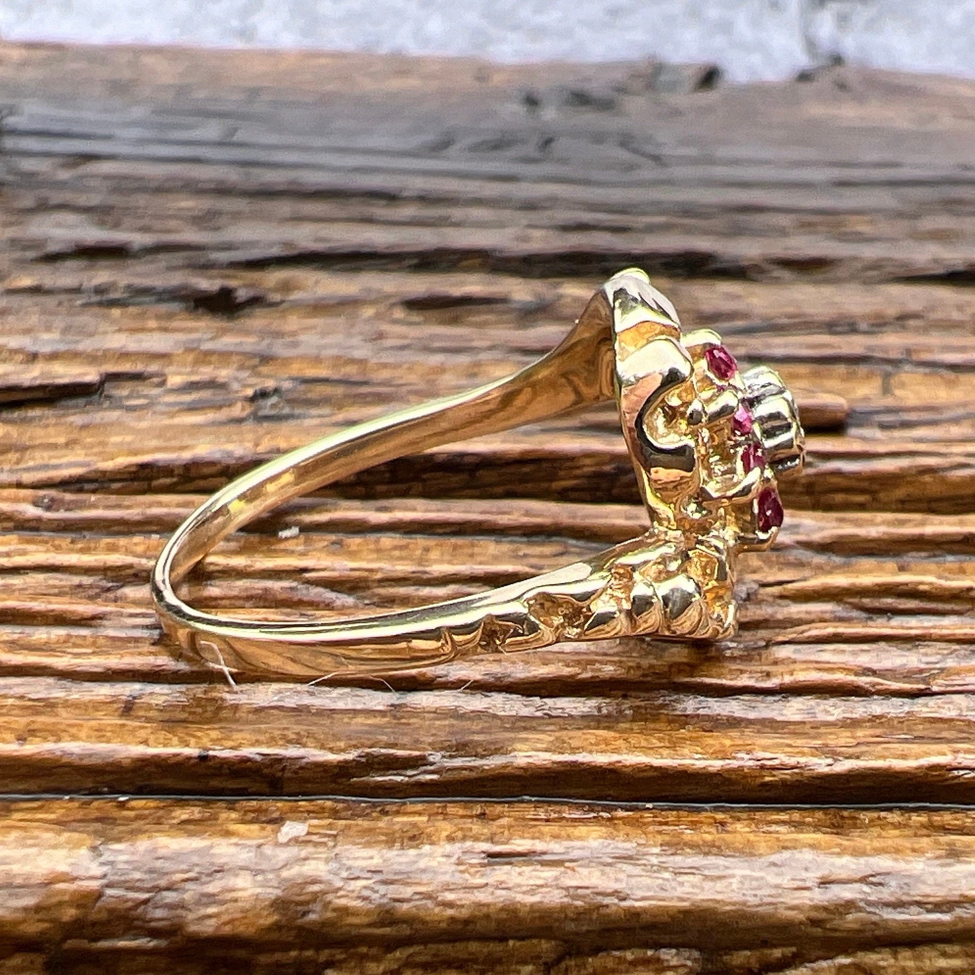 Rubies and Diamond 14k Yellow Gold Nugget Flower Ring - Vintage Estate ...