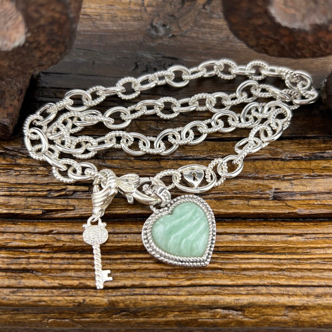 Judith Ripka Sterling Silver Necklace: Jade Heart, CZ Key Charm, 18 ...